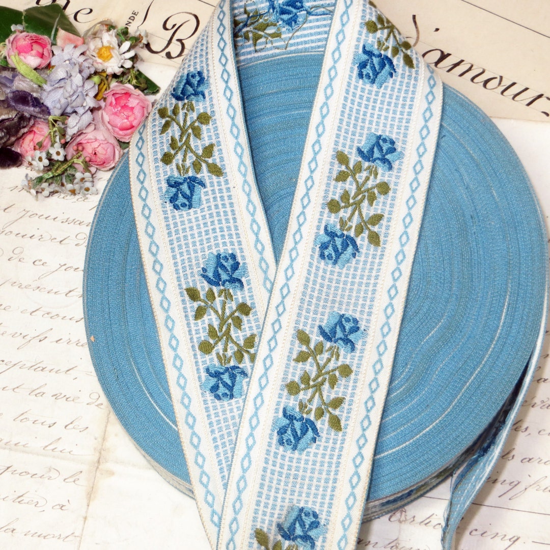 1y Vintage FRENCH BLUE ROSES Jacquard Ribbon Cotton Trim Floral Flower ...