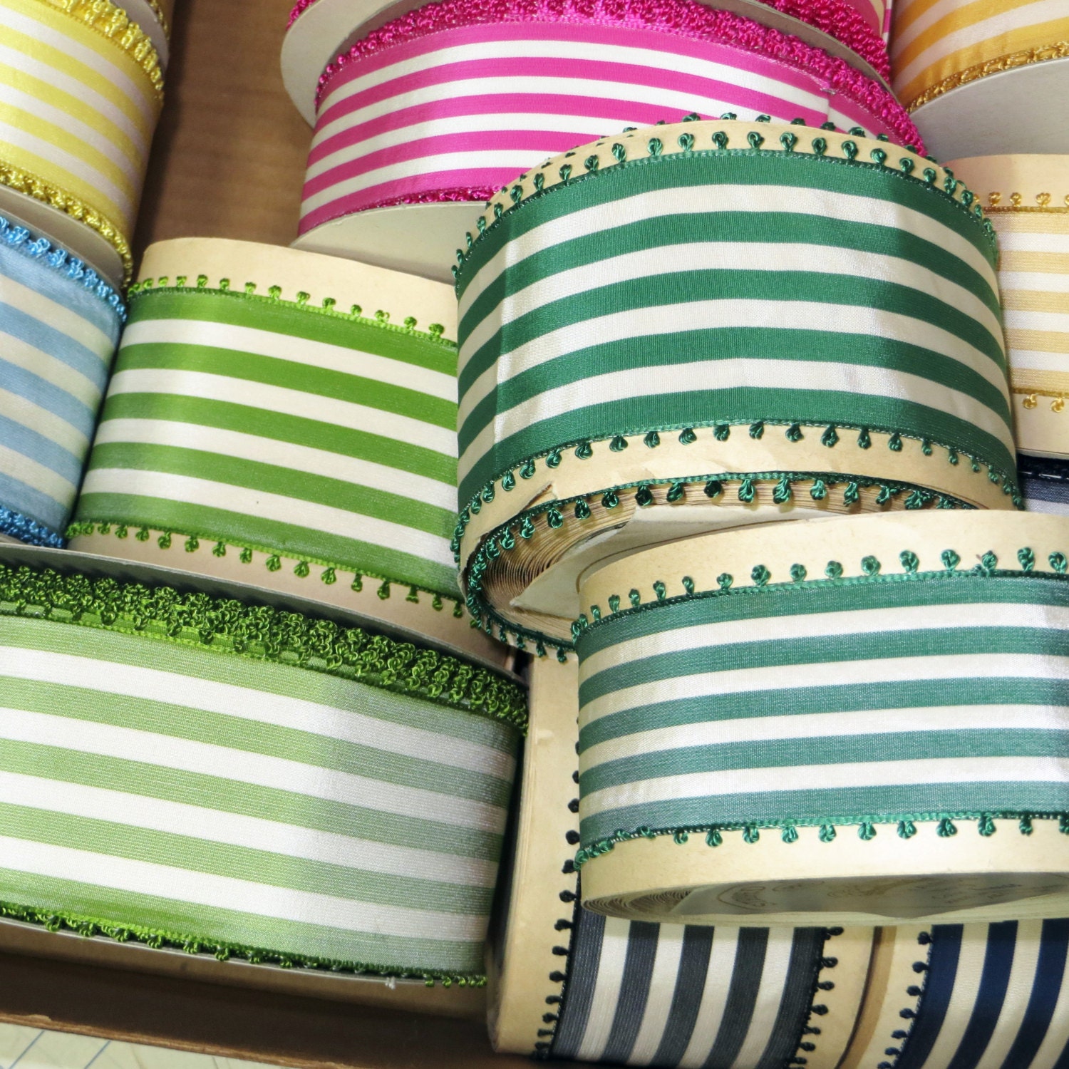 Vintage EMERALD GREEN STRIPE Ribbon Candy Stripe Picot Edge | Etsy