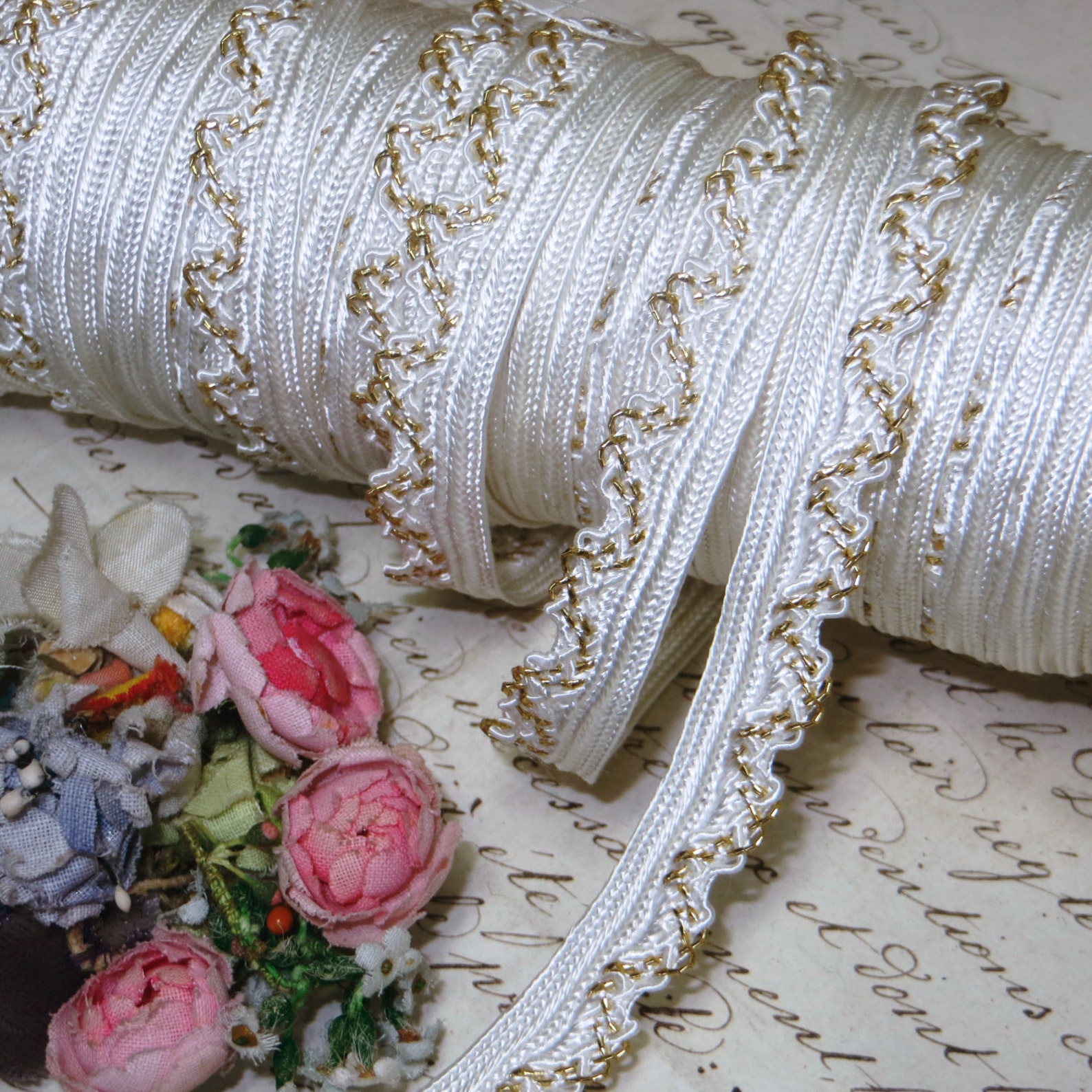 1y 3/4 FRENCH GOLD METAL Ruffle Ribbon White Wedding | Etsy