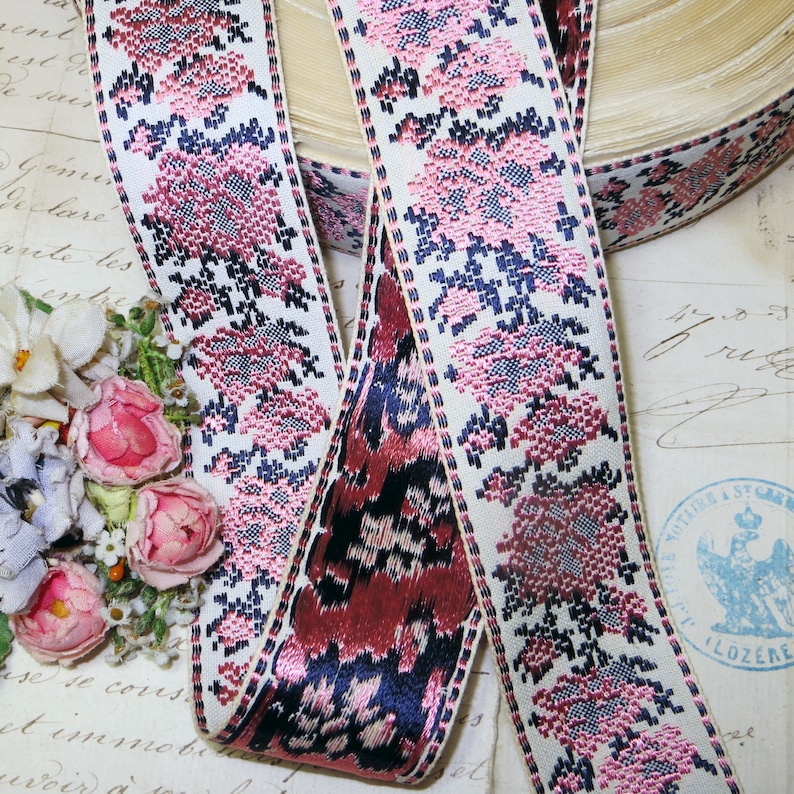 1y PINK BLUE COTTON Jacquard Trim Ribbon Tag: Mauve Gray Navy - Etsy