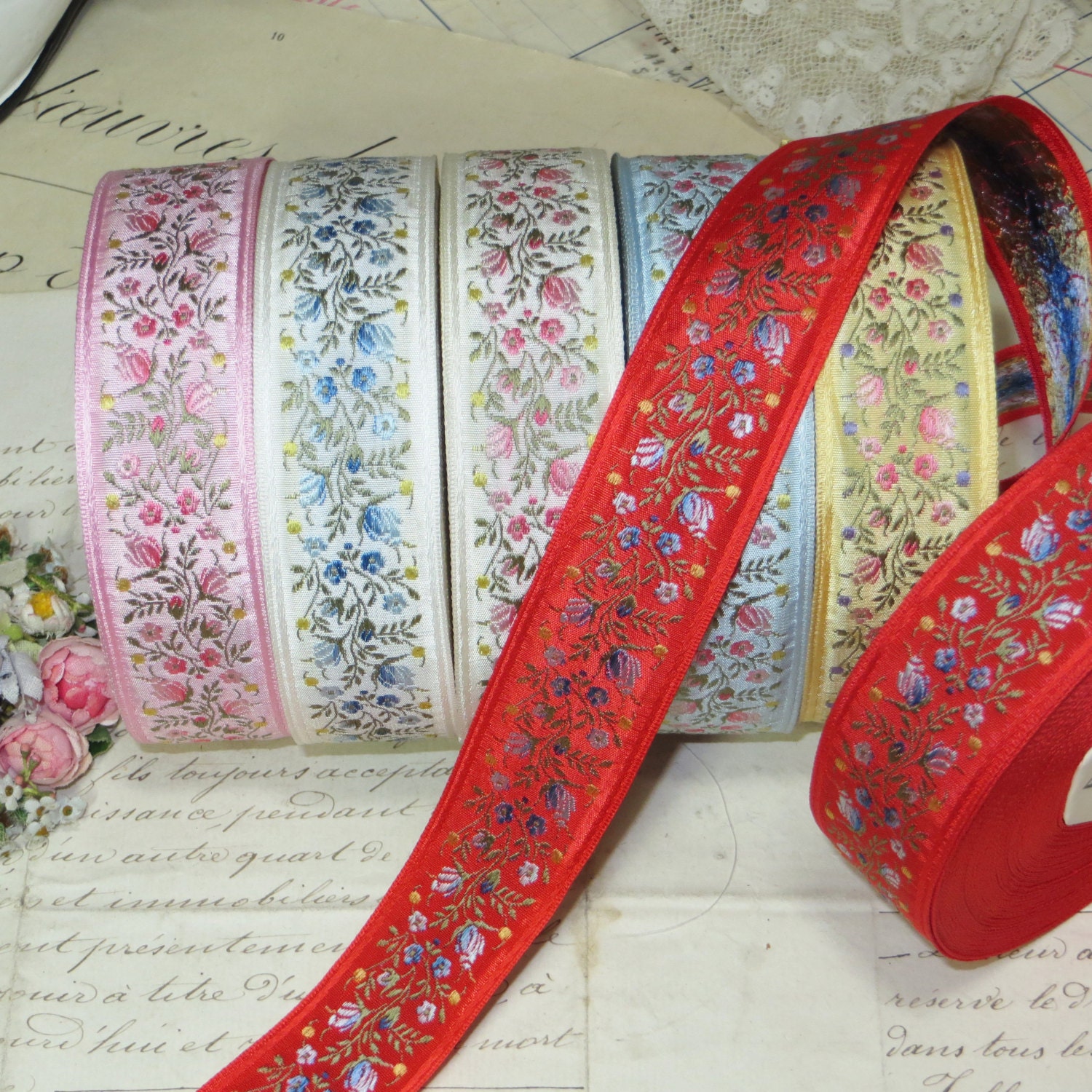 1y FRENCH SILK ROSE Ribbon 5/8 Trim Roses Jacquard | Etsy