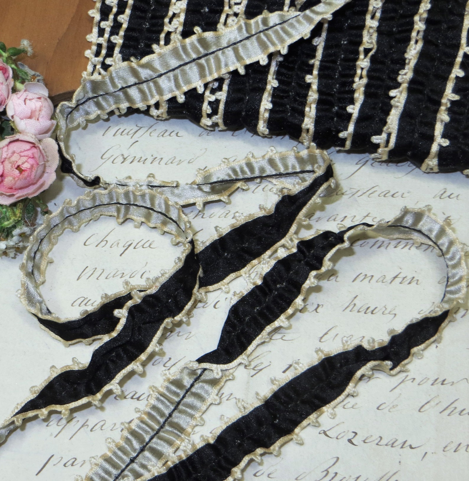 1y FRENCH GRAY PINK Ruffle Jacquard Trim Ribbon Tag: Rayon - Etsy