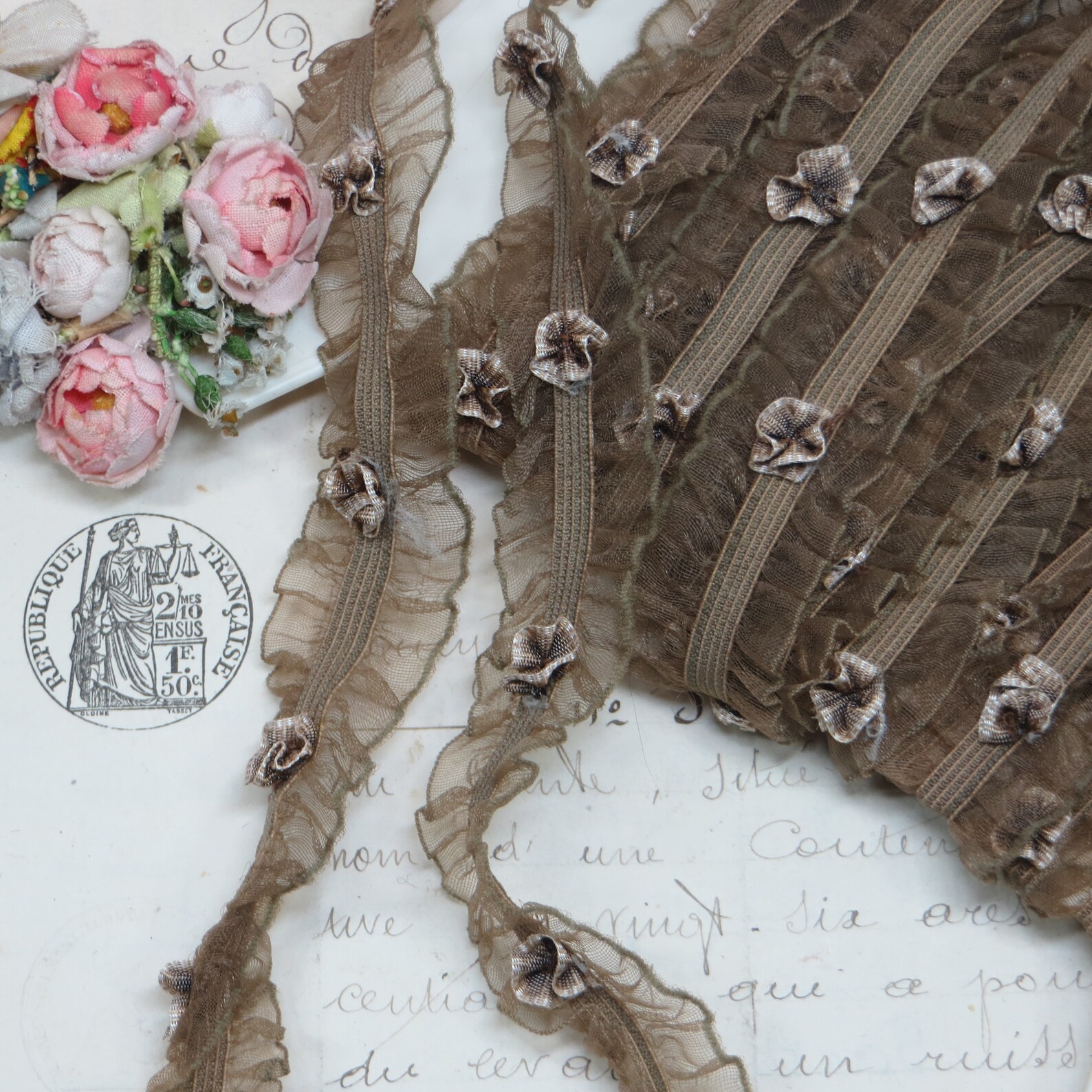 1y BROWN ORGANDY ROSETTE Trim Elastic Stretch Ruffle Tag: | Etsy