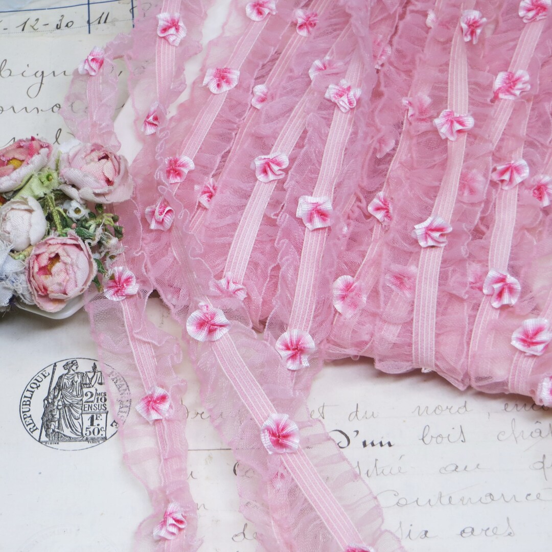 2y PINK ORGANDY ROSETTE Trim Elastic Stretch Ruffle Tag: French Rococo ...