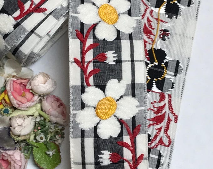 1y 100% Cotton BLACK RED DAISY Flower Jacquard Ribbon Tag: French ...