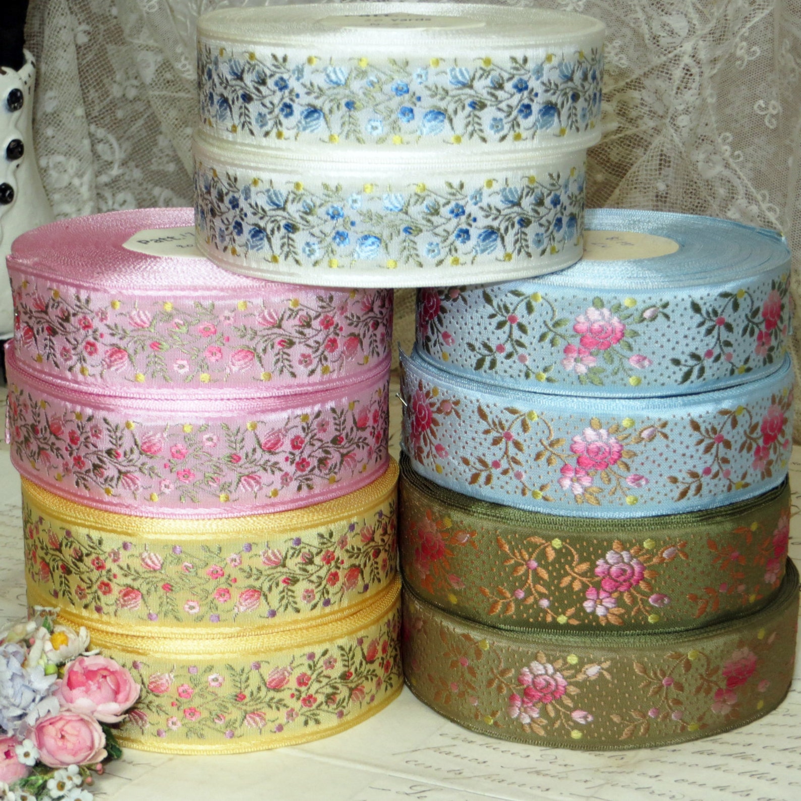 1y BABY BLUE JACQUARD Ribbon French Rose Floral Flower Trim - Etsy