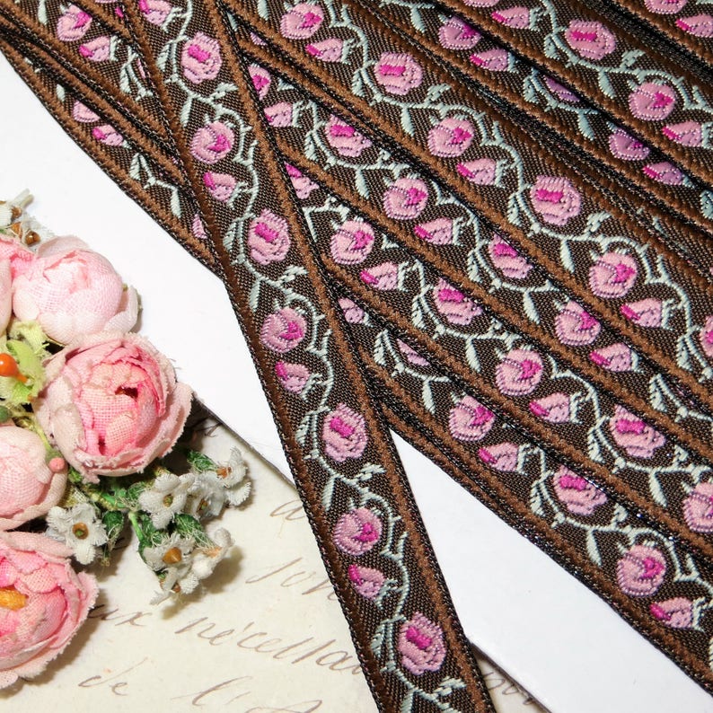 1y BROWN FLOWER JACQUARD Ribbon Trim Tag: Cotton Scallop Picot - Etsy