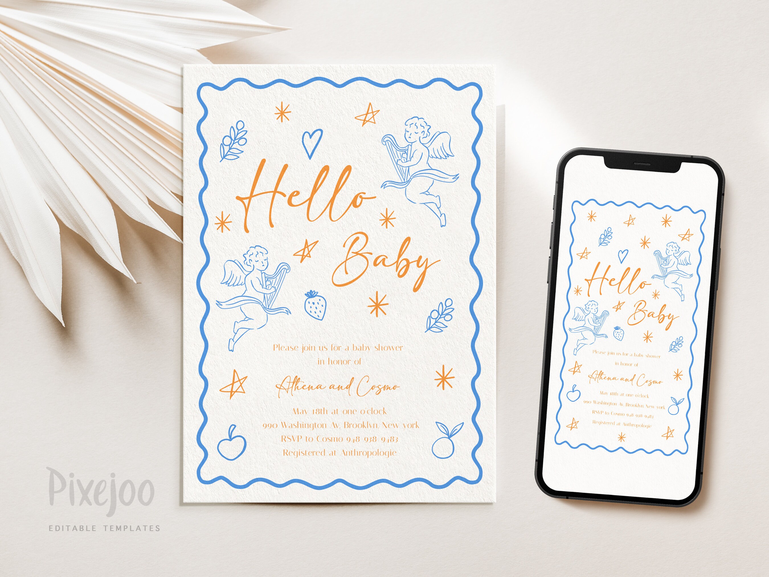 Editable Baby Shower Invitation Hello Baby Shower Template, Angel Baby ...