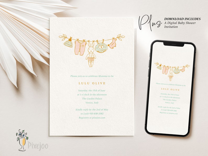 LULU Editable Girl Baby Shower Invitation, Baby Clothesline Baby Shower ...