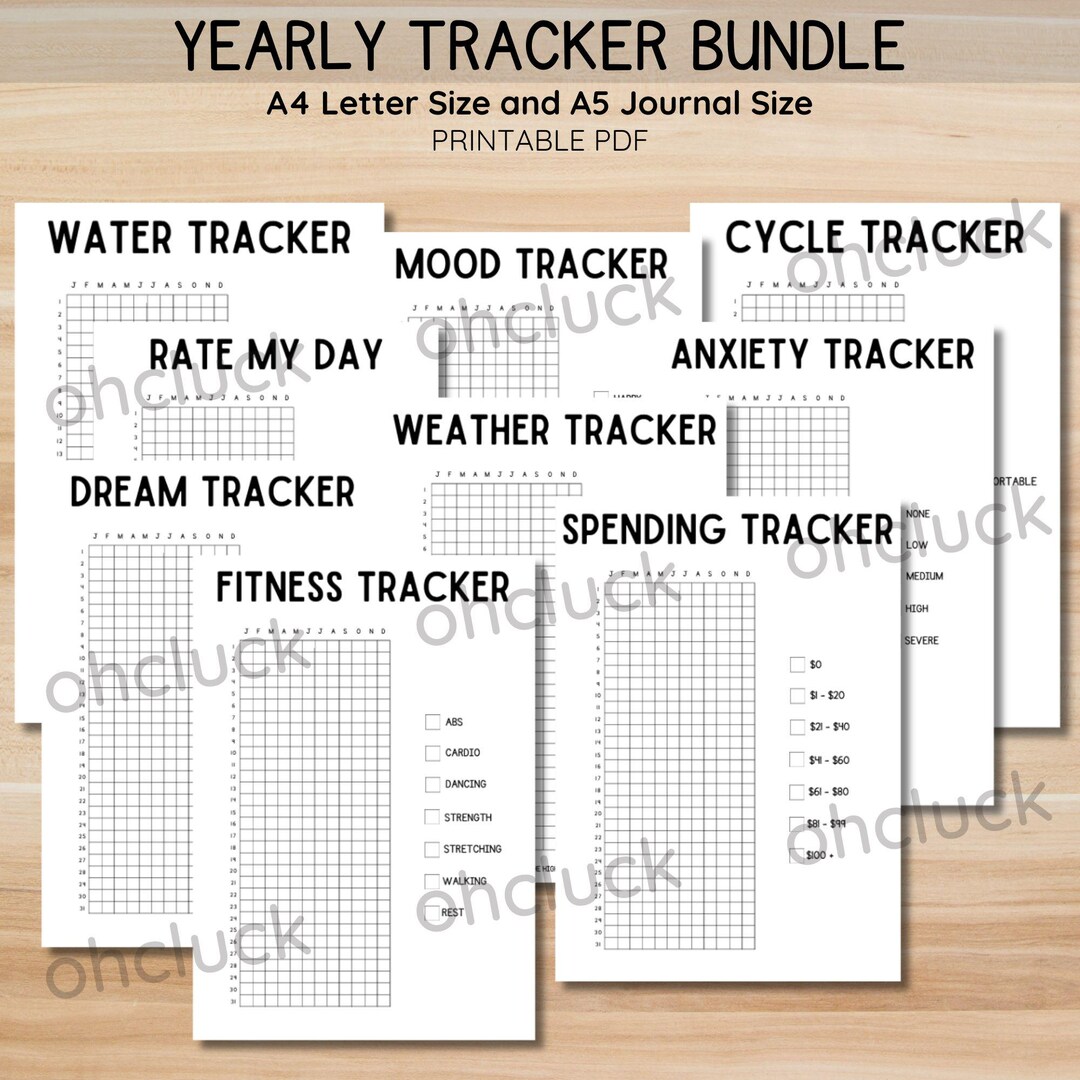 Yearly Tracker Bundle Printable | Mood, Fitness, Water, Spending ...