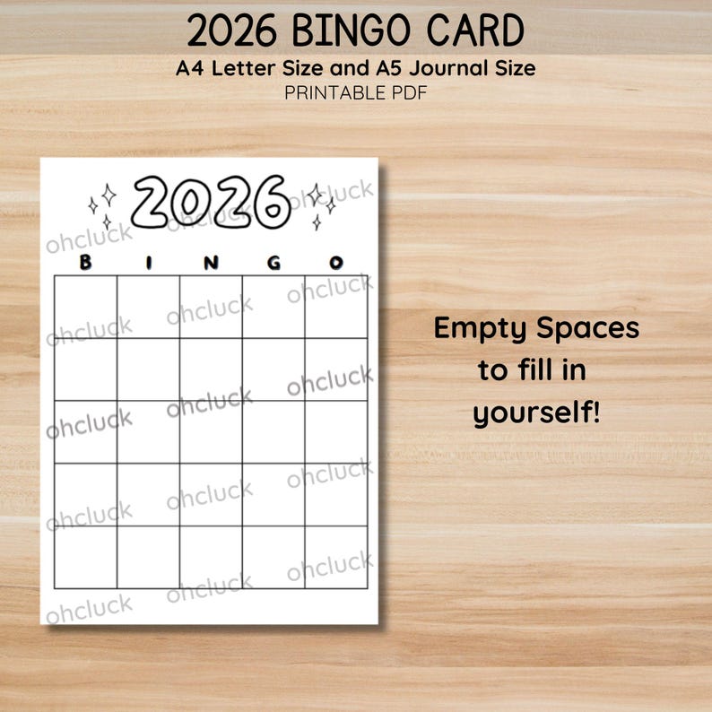 2026 Bingo Card Printable | Fill in Your Own Bingo | Blank Yearly Bingo ...