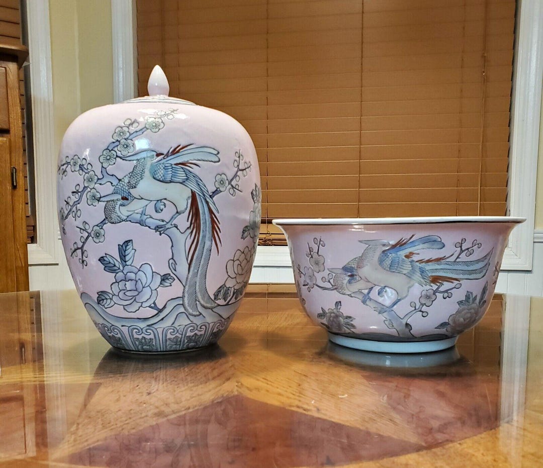 RARE FIND! Chinoiserie Andrea by Sadek Pink Ginger Jar and Fish Bowl ...