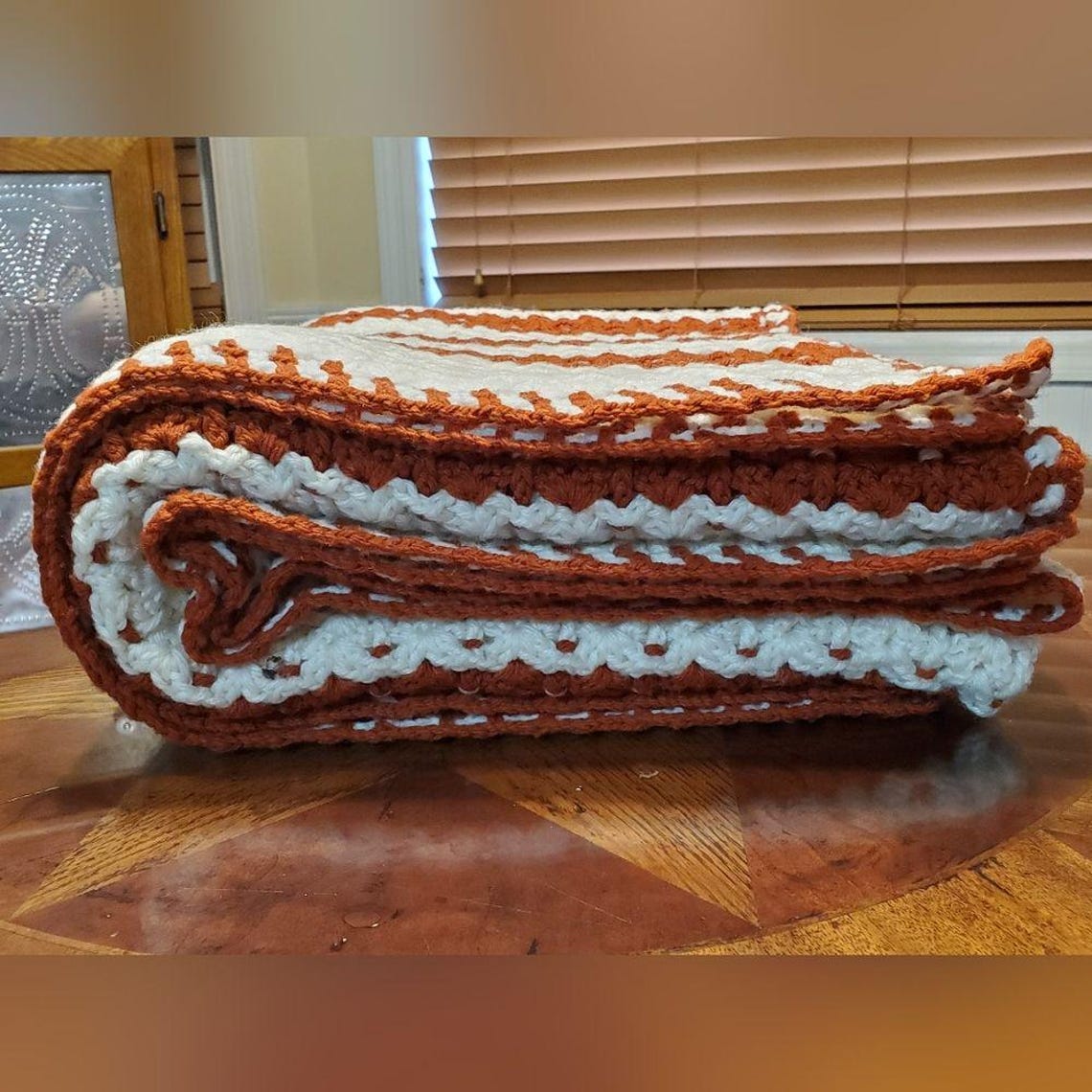 Vintage Handmade Crochet Throw Blanket off White With Burnt Orange ...
