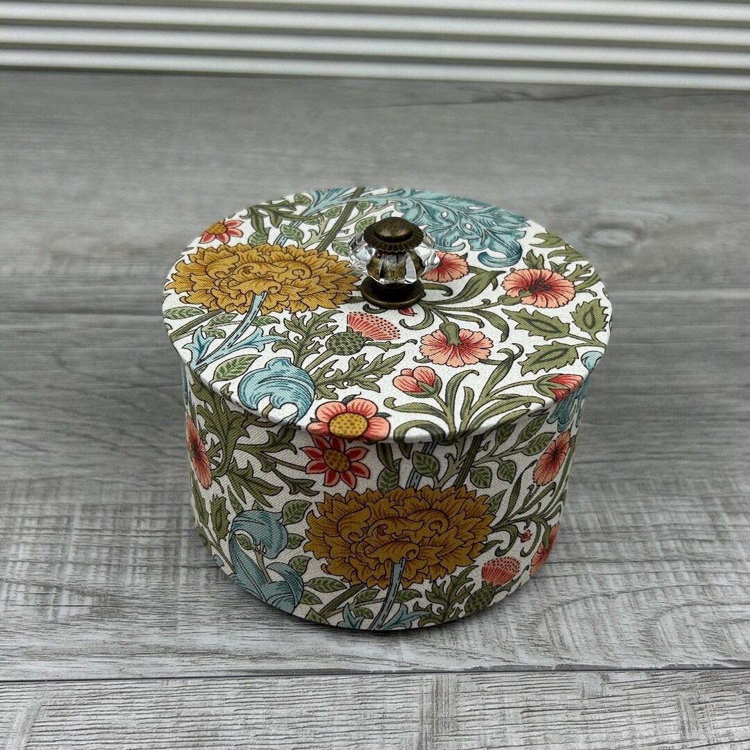 Round Fabric Box With Lid William Morris Fabric Jewelry Box Keepsake ...