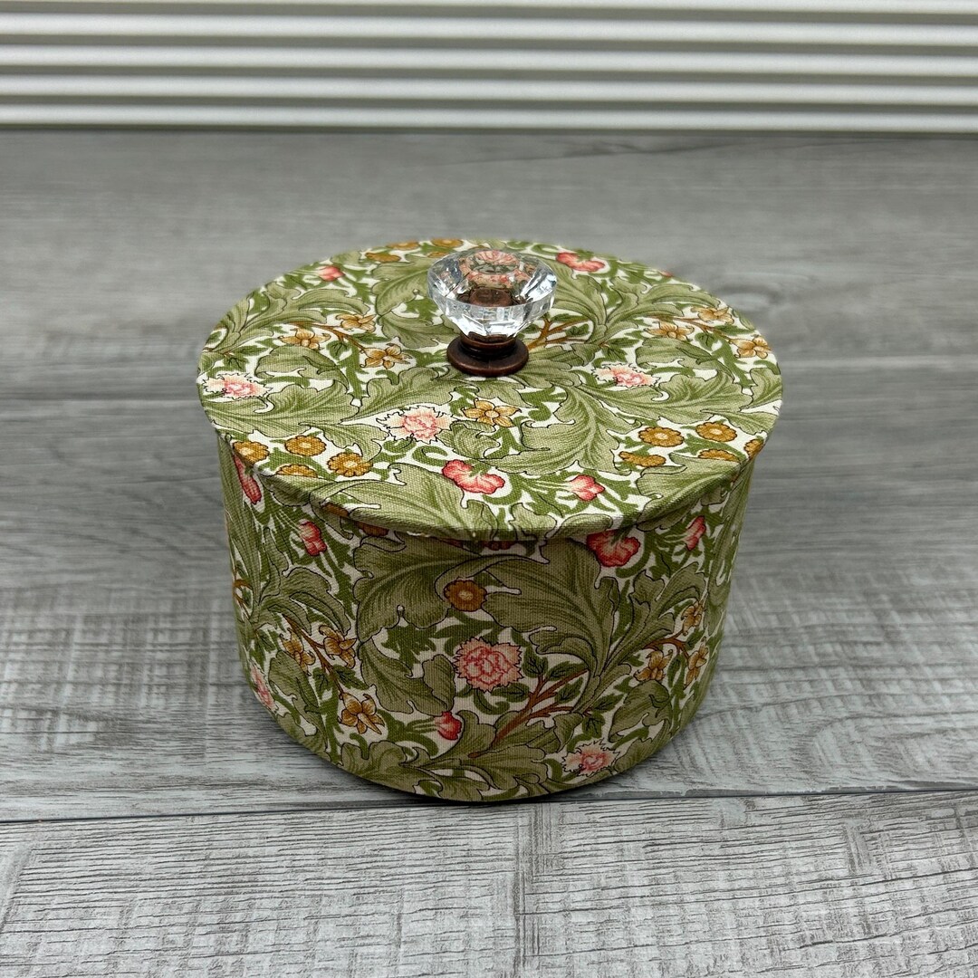 Round Fabric Box With Lid - William Morris Fabric - Jewelry Box ...