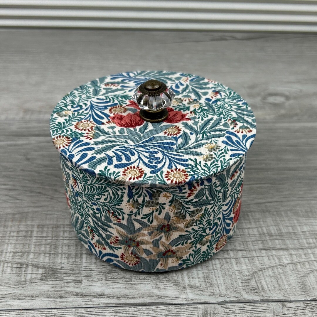 Round Fabric Box With Lid - William Morris Fabric - Jewelry Box ...