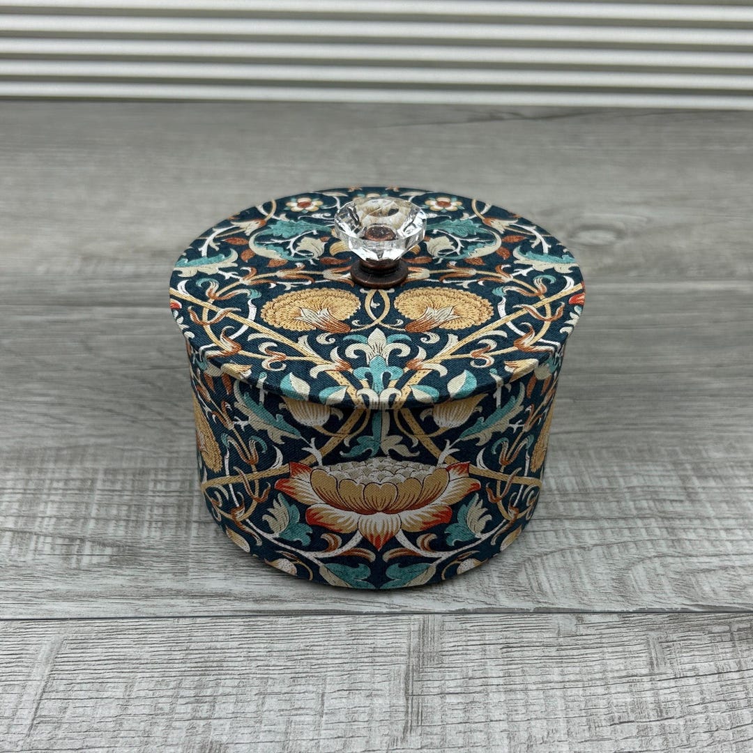 Round Fabric Box With Lid - William Morris Fabric - Jewelry Box ...