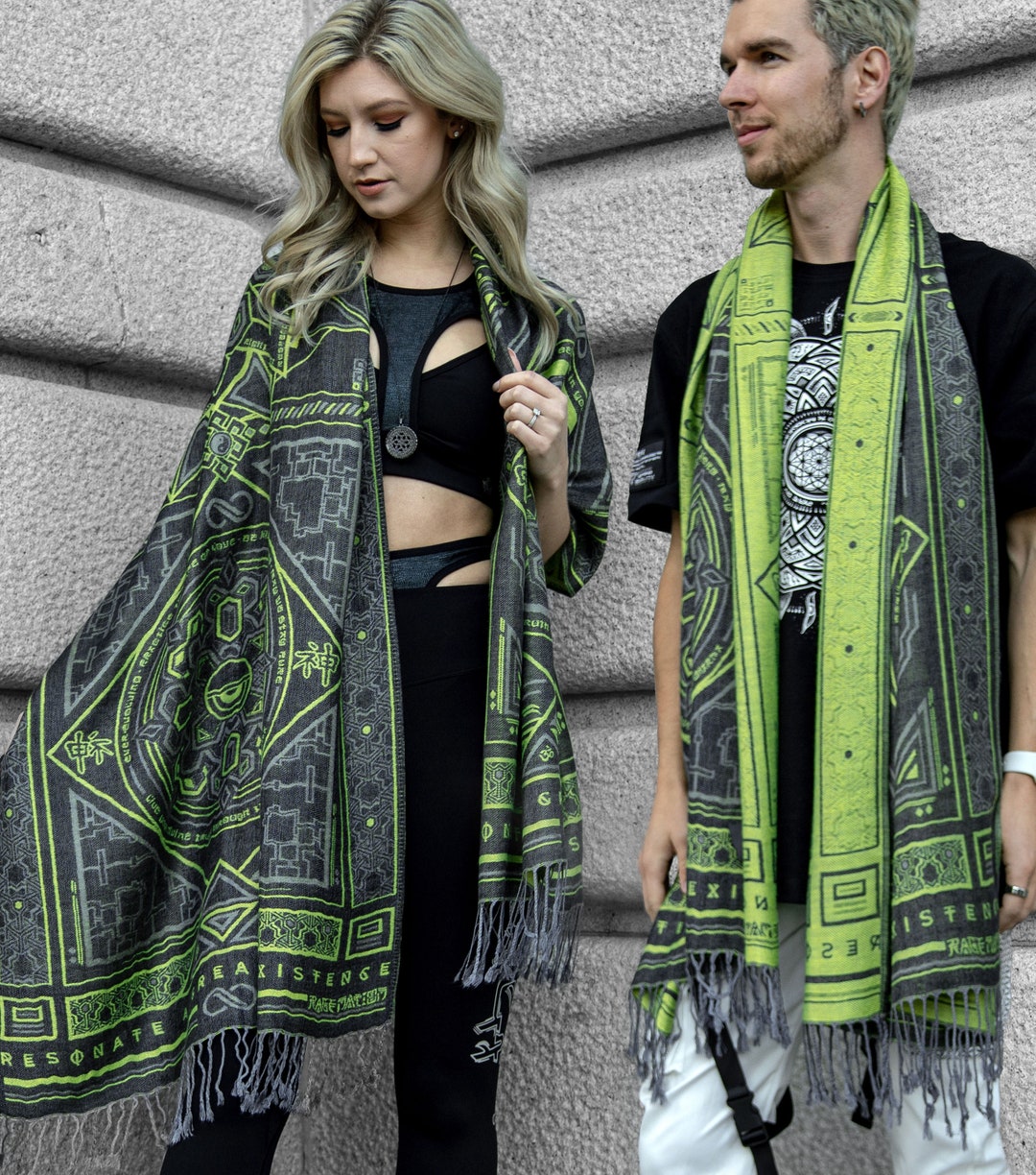 DHARMA V2 • Grey / Neon Yellow • UV REACTIVE • Festival Shawl/scarf ...