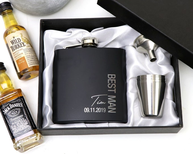 6oz Leatherette / Silver Hip Flask Gift Set Limited Edition Intials ...