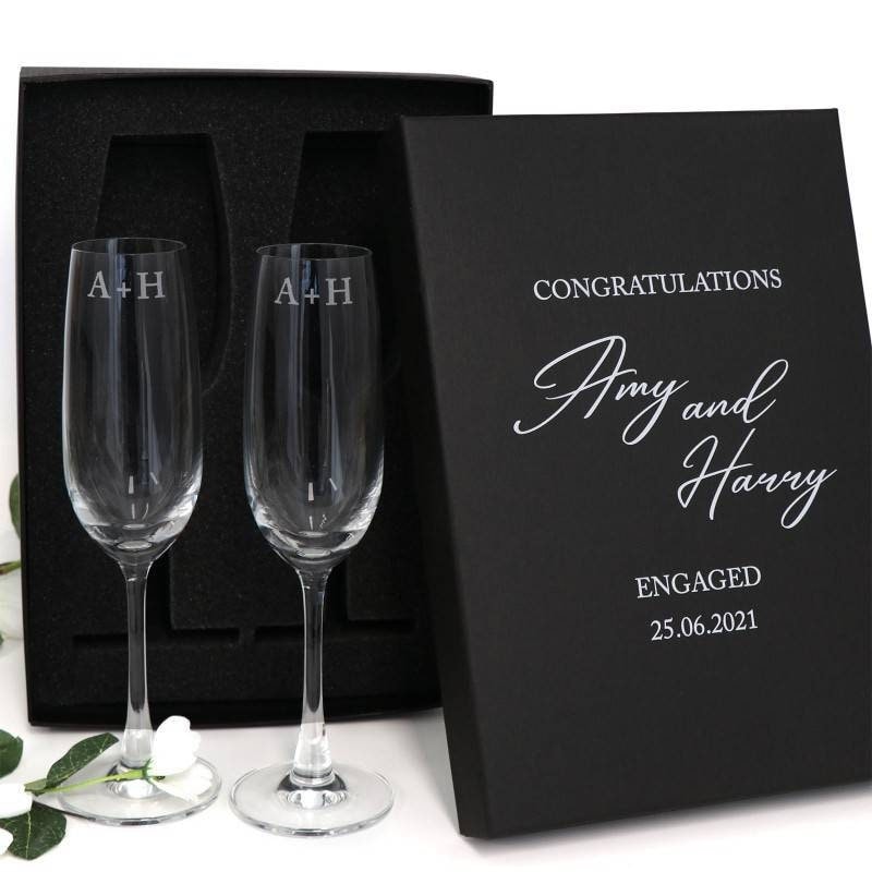 Engraved Double Champagne Glass Set Engagement Gift With Printed Gift ...
