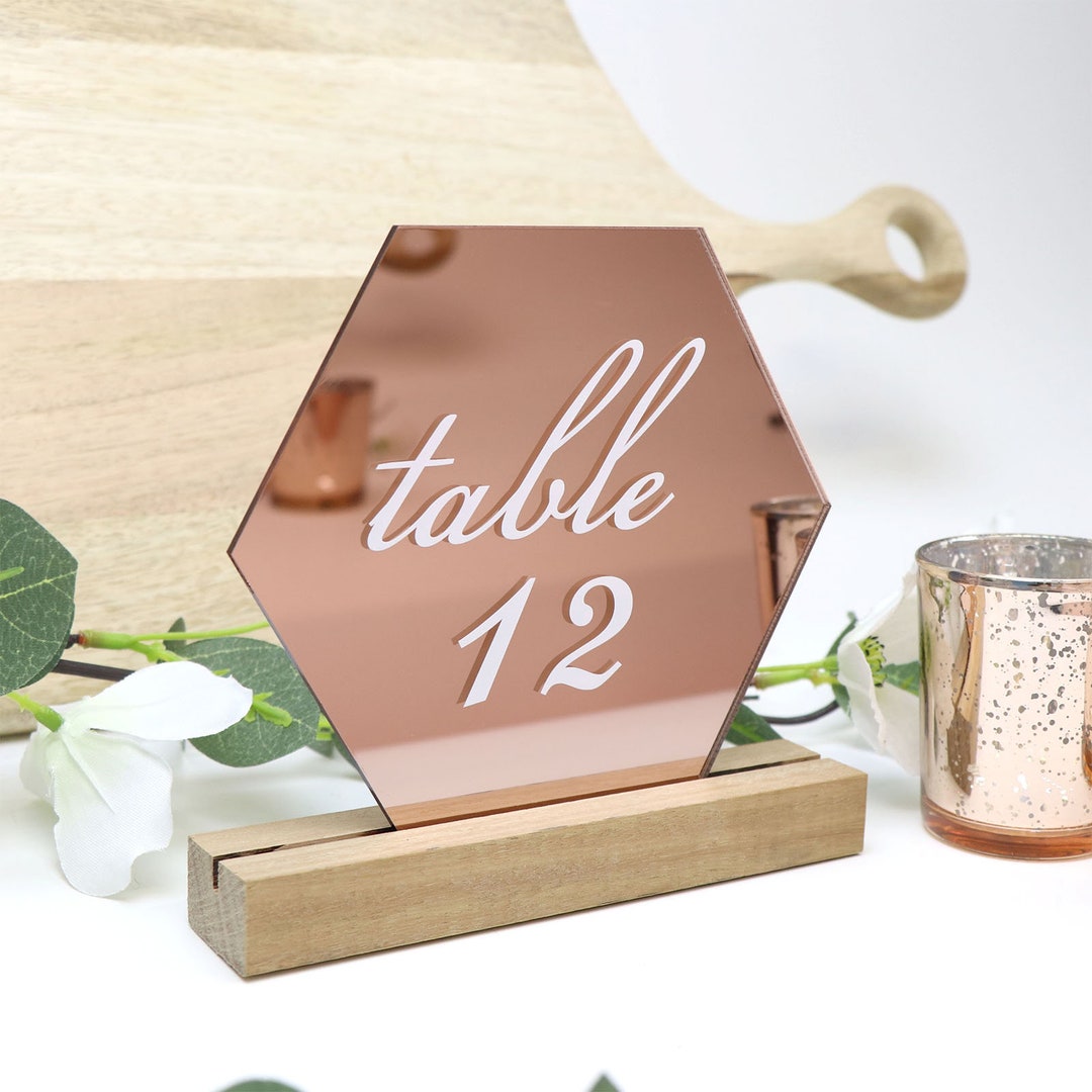 Rose Gold Hexagon Table Number - Acrylic With Timber Base - Printed ...