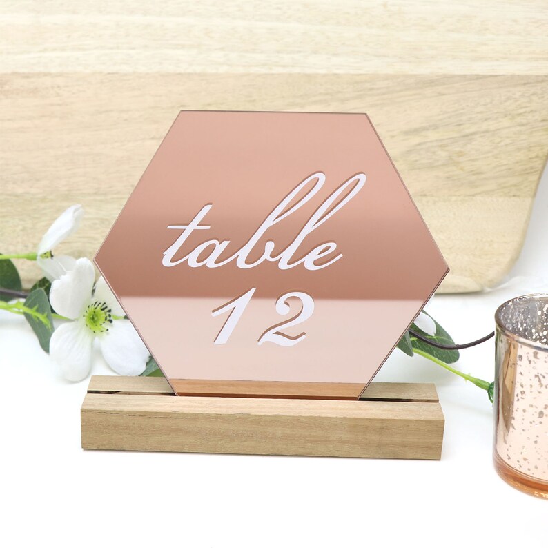 Rose Gold Hexagon Table Number - Acrylic With Timber Base - Printed ...