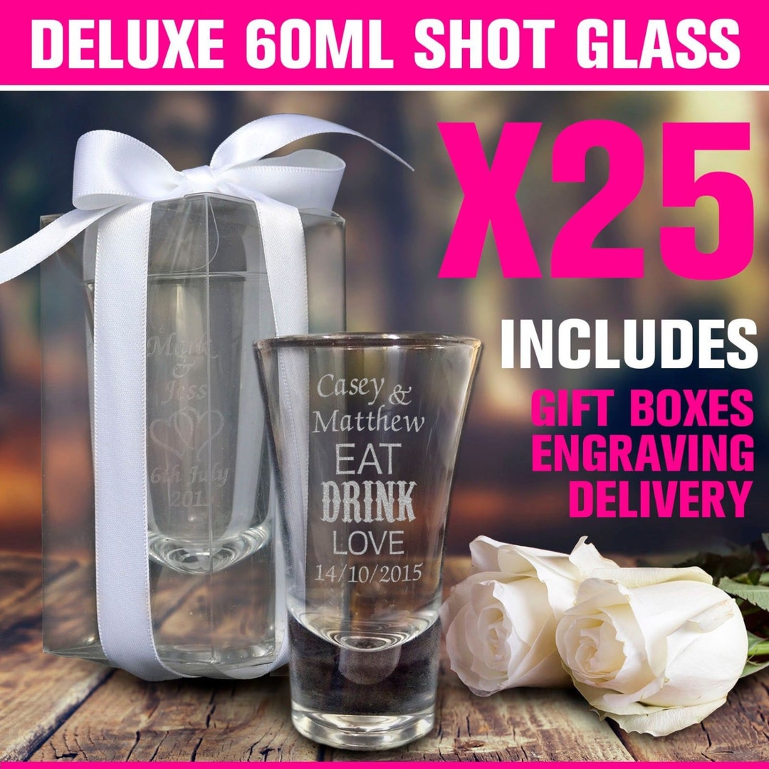 25x 60ml Engraved Deluxe Shot Glasses With BOXES Personalised Wedding ...