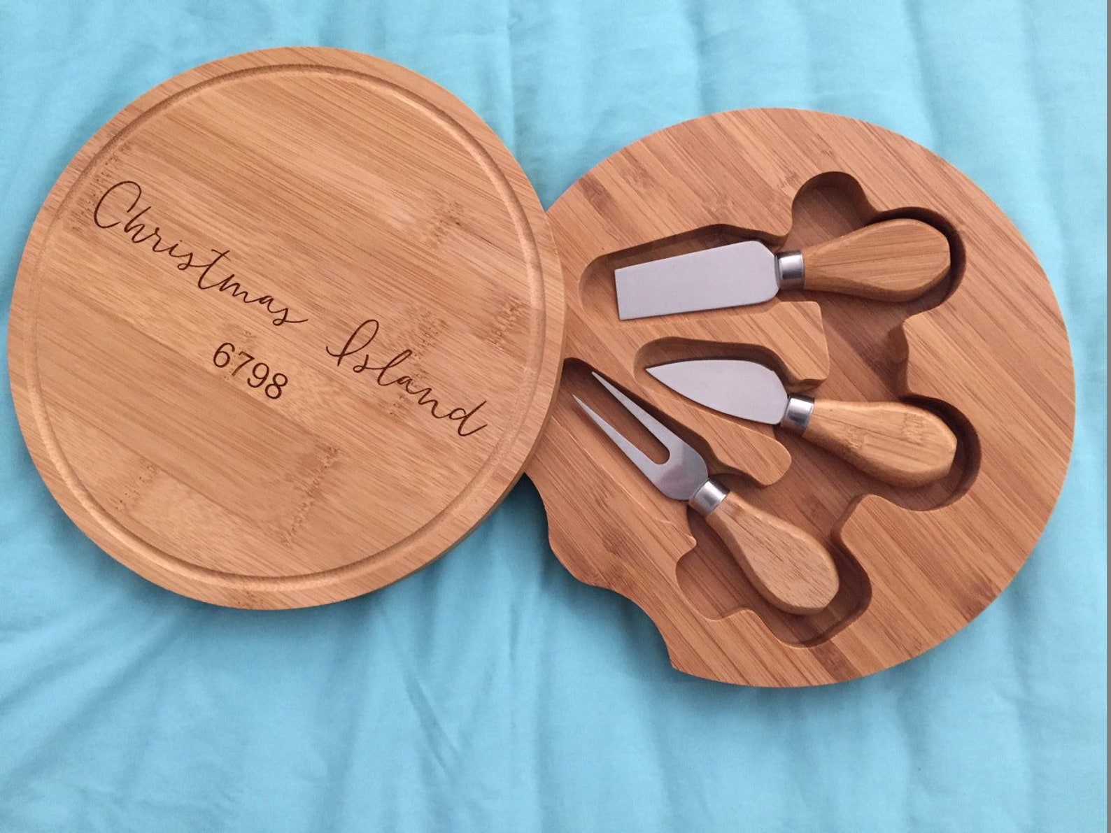 Wedding Personalised Engraved Round Cheese Board With Three Utensils ...