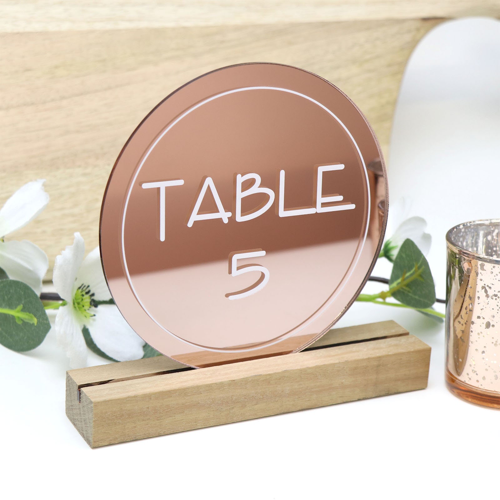 Rose Gold Round Table Number - Acrylic With Timber Base - Printed ...