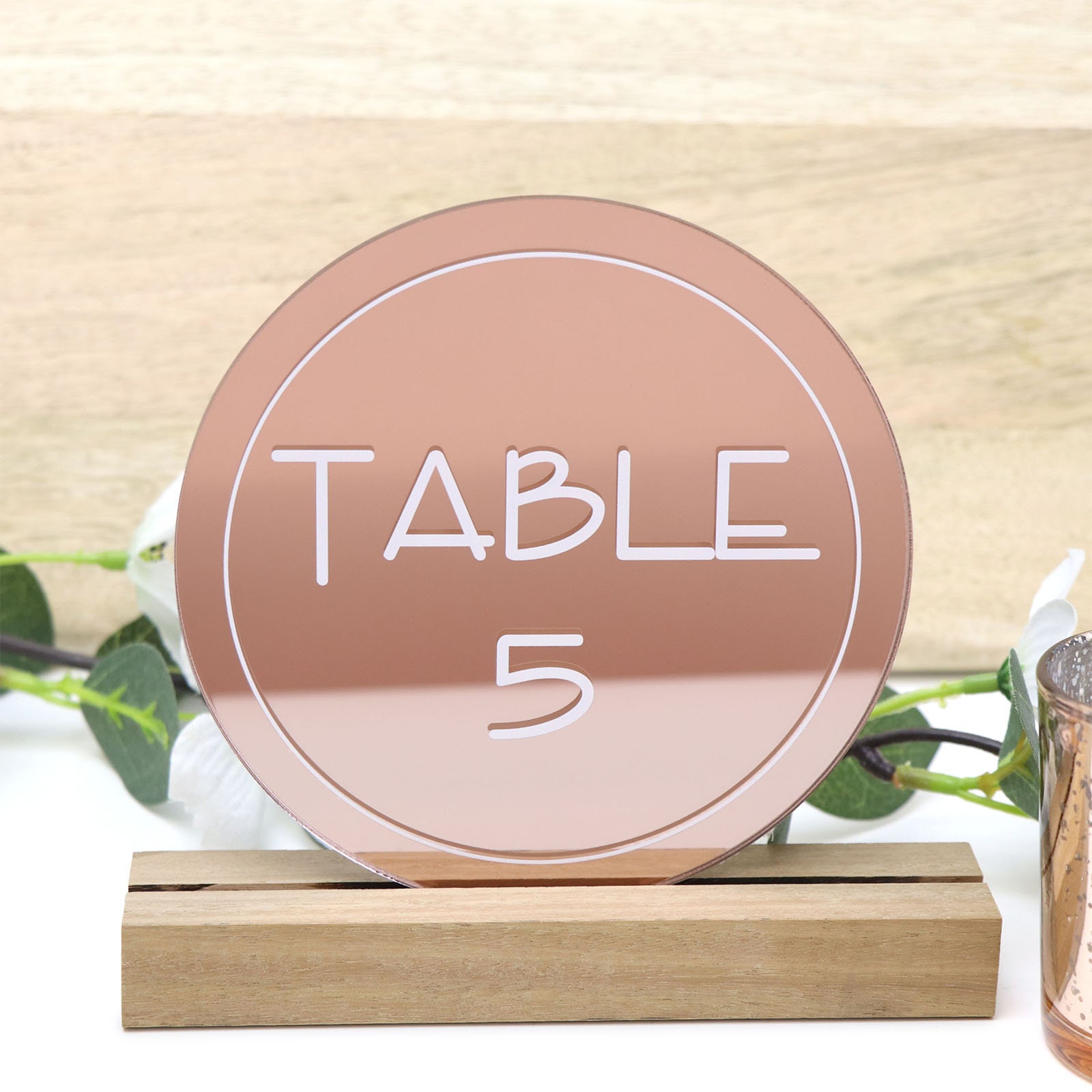 Rose Gold Round Table Number - Acrylic With Timber Base - Printed ...