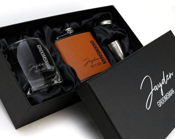 6oz Leatherette / Silver Hip Flask Gift Set Limited Edition Intials ...