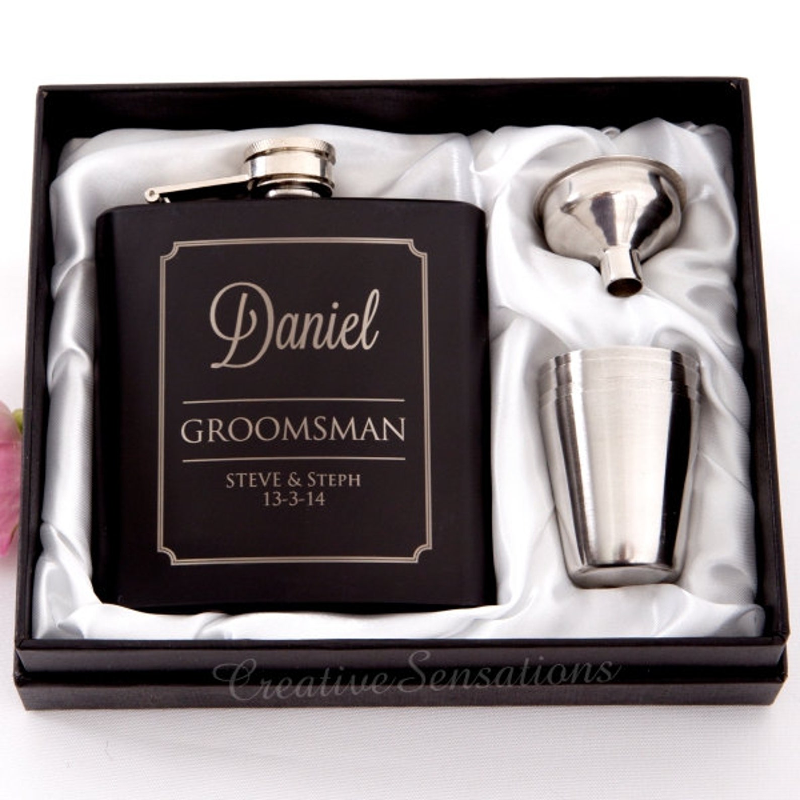 5 X Engraved Black Hip Flask Gift Sets Personalised Groomsman | Etsy