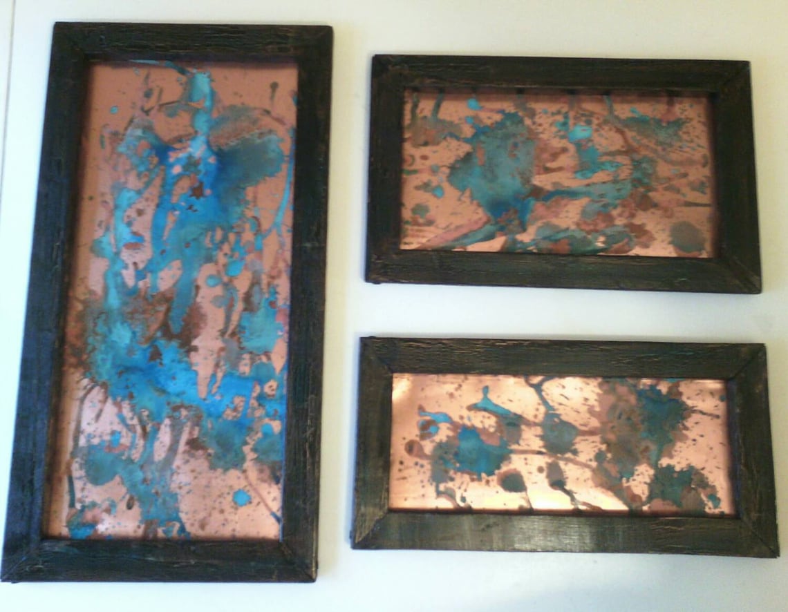 Copper Wall Art - Blue Patina Splatter - 3 Piece Set - Black Crackle Framed - Etsy
