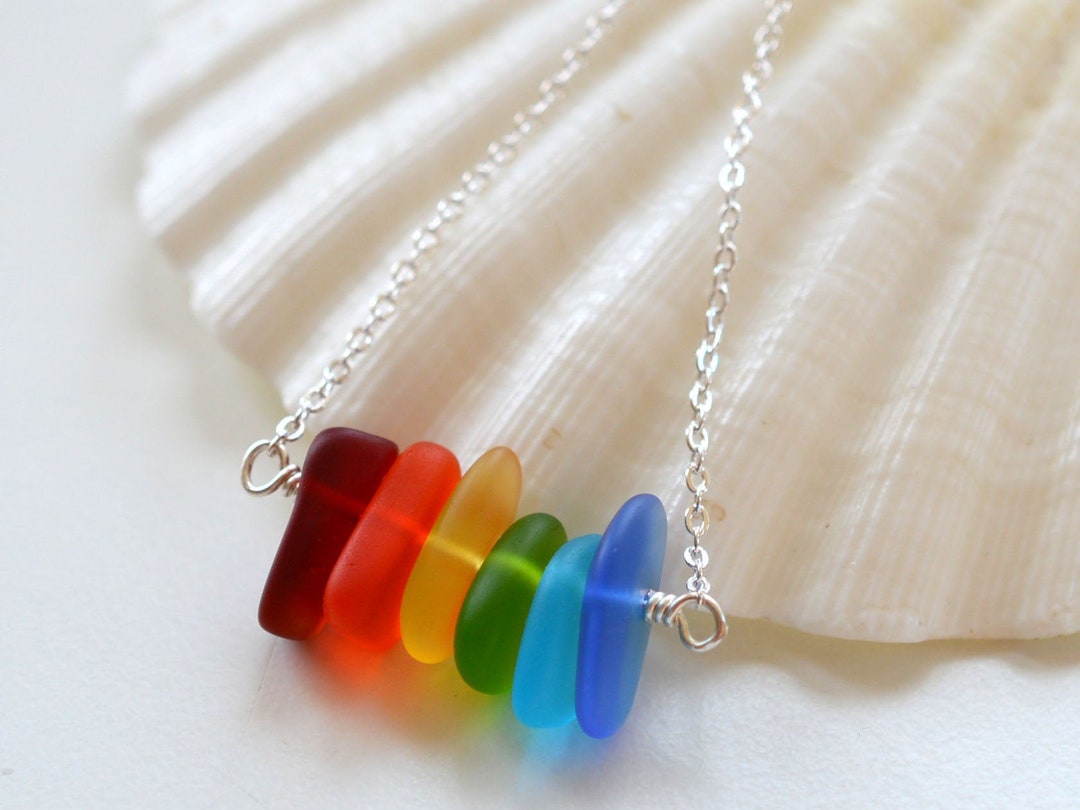 Rainbow Sea Glass Necklace, Handmade Beach Glass Jewelry, Rainbow ...