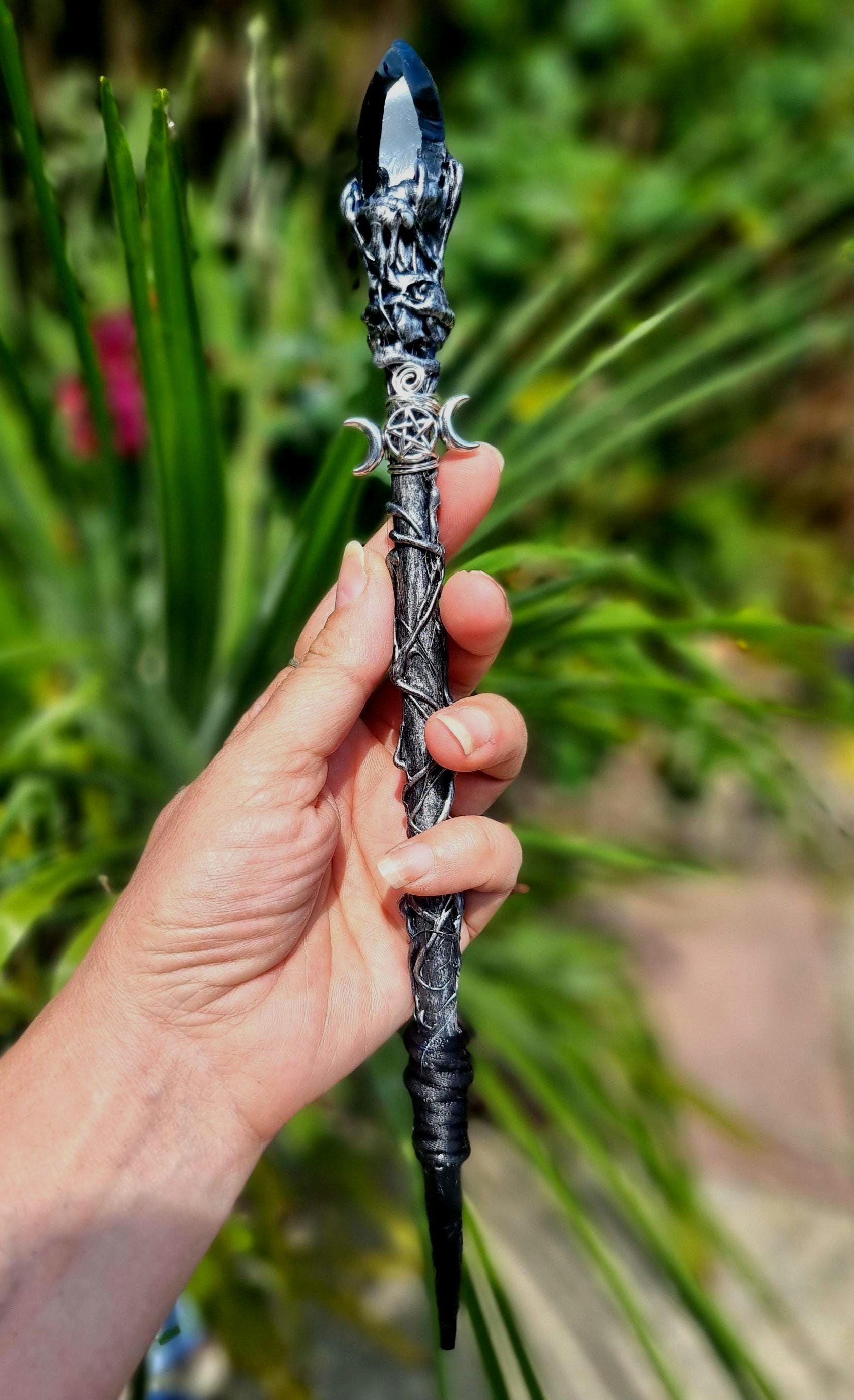 Obsidian Crystal Wand: Black Gemstone Wand , Triple Moon Altar Tool - Etsy
