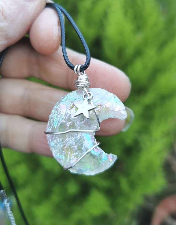 Quartz Crystal Aura Moon Pendant Necklace Moon Valentines Gift for Her Mother s Day Birthday Etsy