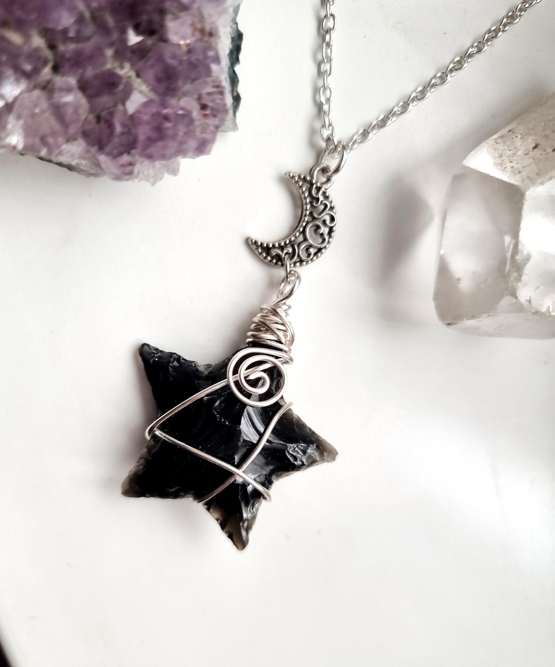 Obsidian Star and Moon Necklace, Pretty Crystal Necklace Celestial ...