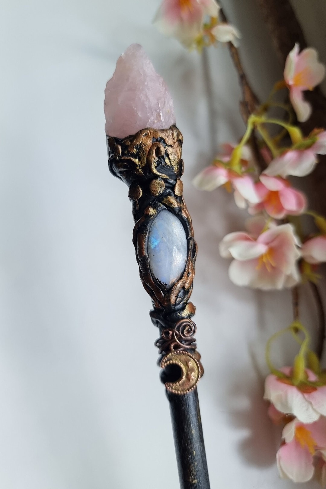 Rose Quartz Crystal Wand, Witch Gifts ,alter and Shrine Tools, Wooden ...