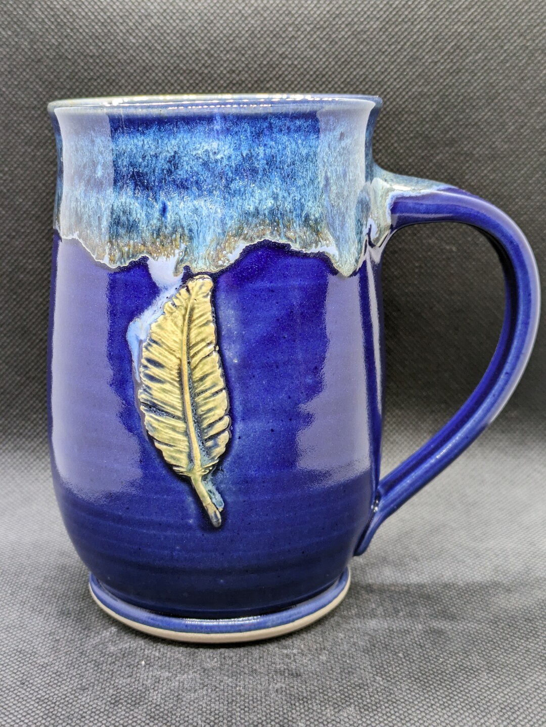 Handmade Pottery Coffee Mug With Beautiful Feather in Blues and More so ...