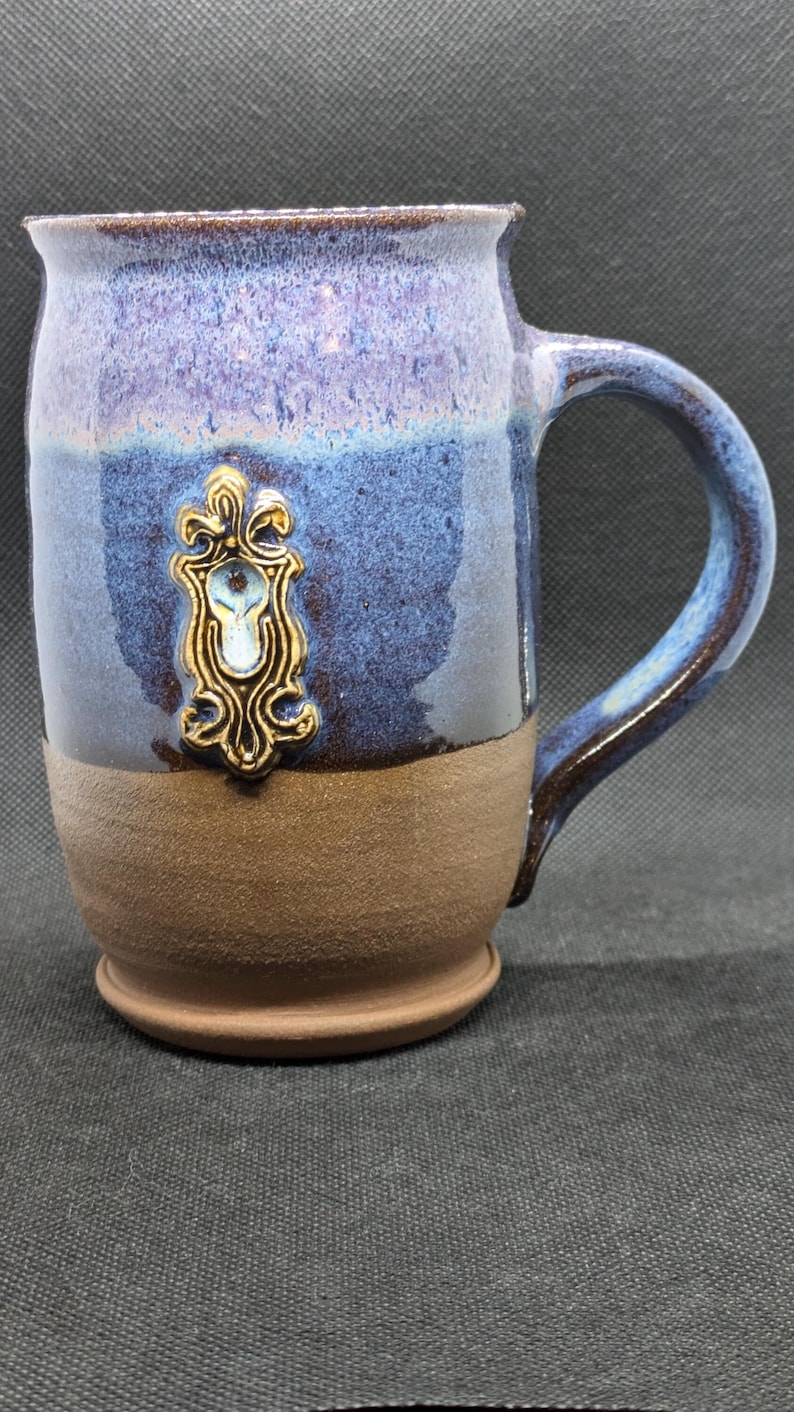 Handmade Pottery Coffee Mug: Blue Glaze, Brown Clay, Keyhole Detail - Etsy