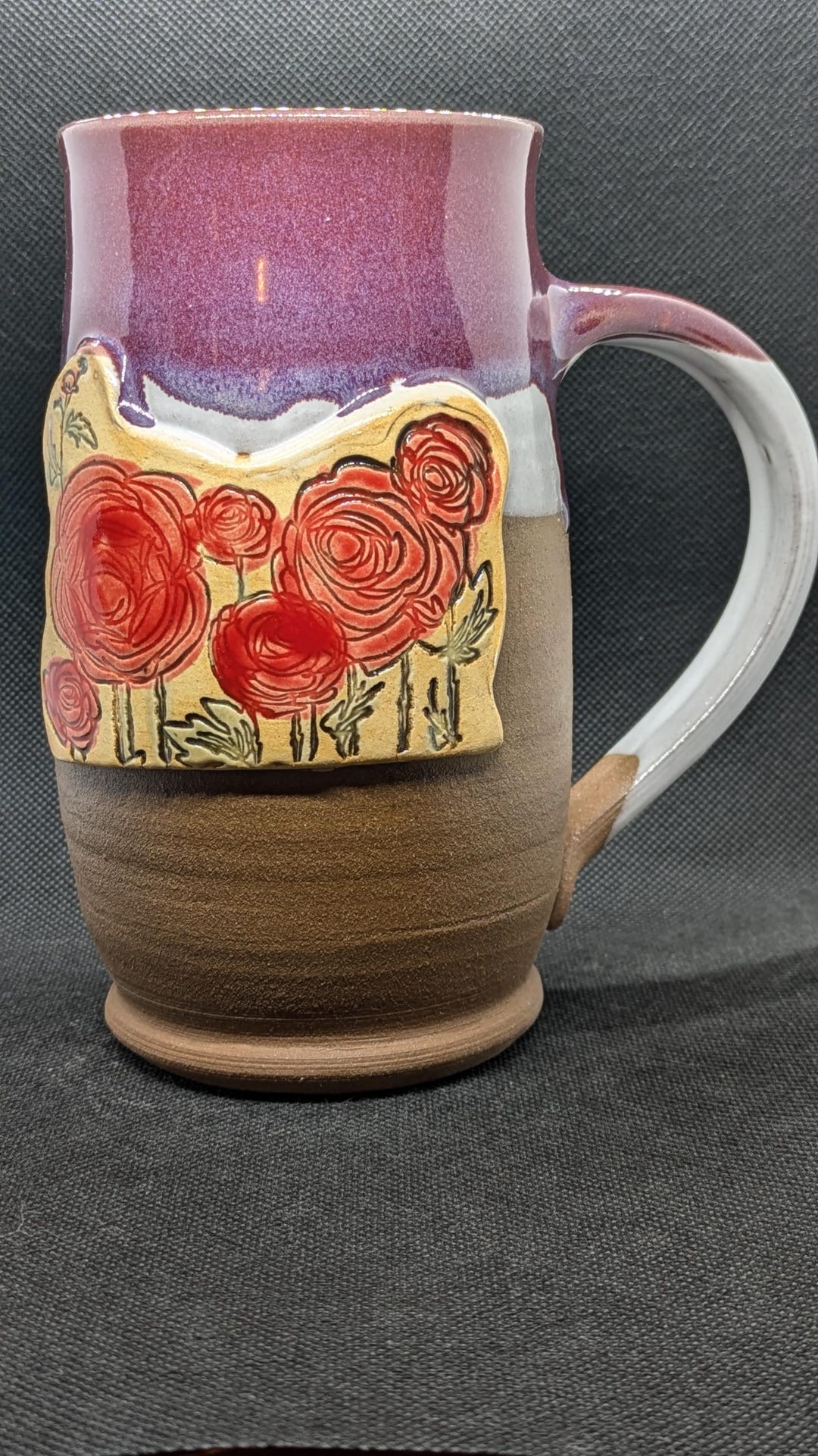 Pottery Coffee Mug With Roses Flowers in White and Merlot Glazes on ...