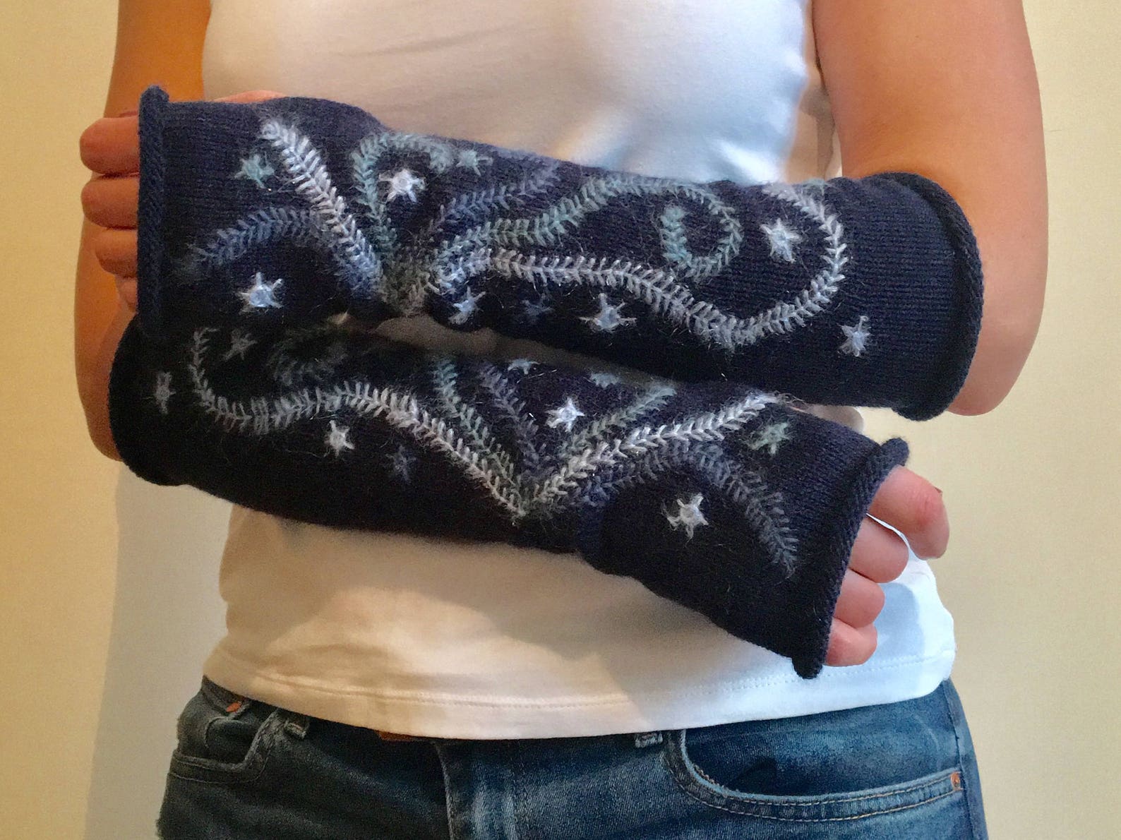 Handmade Wool Knit Arm Warmers: Embroidered Fingerless Gloves - Etsy