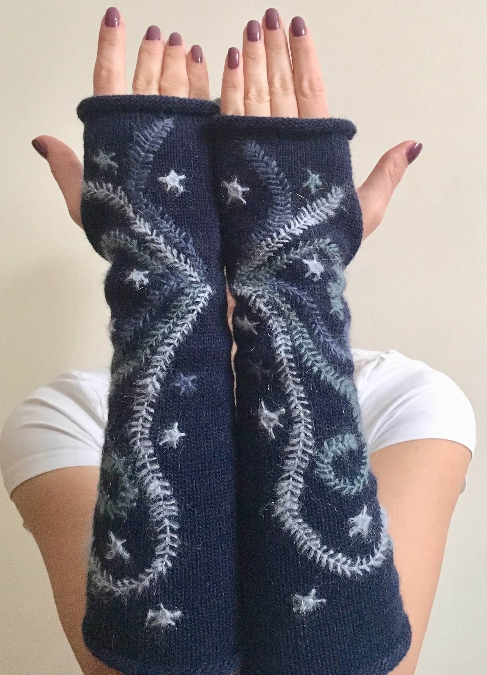 Handmade Wool Knit Arm Warmers: Embroidered Fingerless Gloves - Etsy