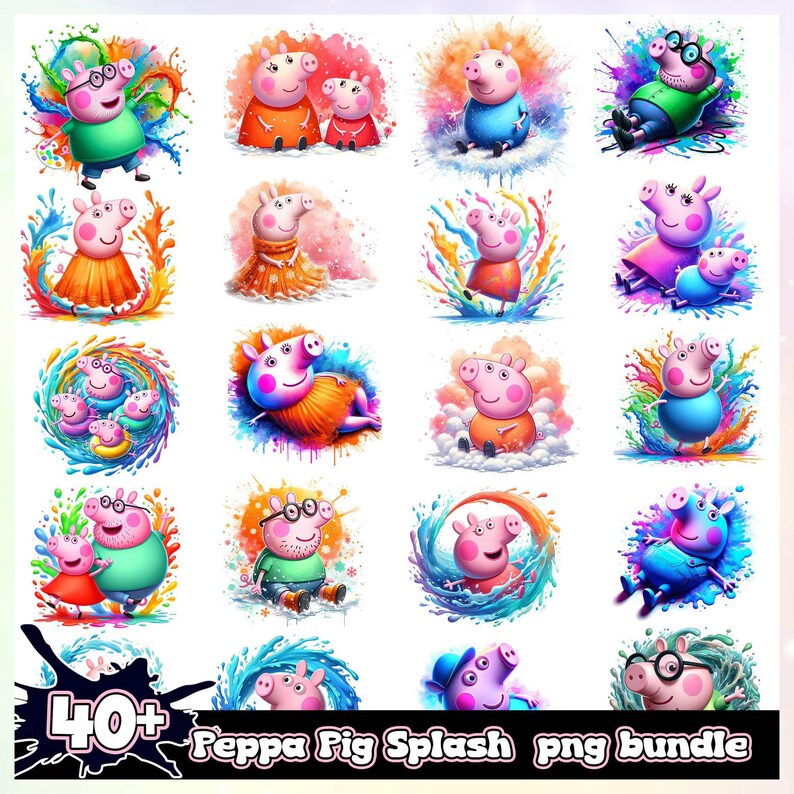 Peppa Pig Splash and Watercolor Png Bundle, Cartoon Png Bundle - Etsy