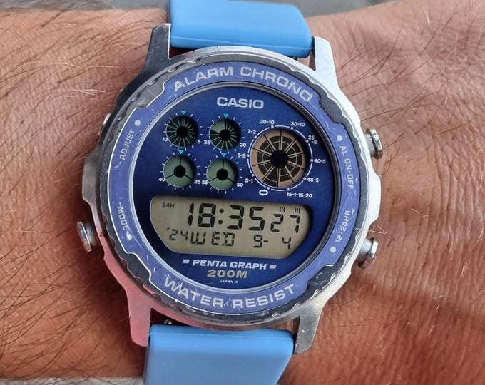 Vintage 1990 CASIO Pentagraph DW-7200 (928) Men's Digital Quartz Watch ...