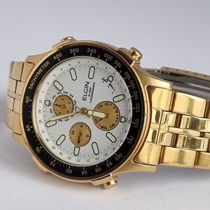 Rare 1993 ELGIN FH132-007 Alarm Chronograph Gold Tone Men's Quartz ...