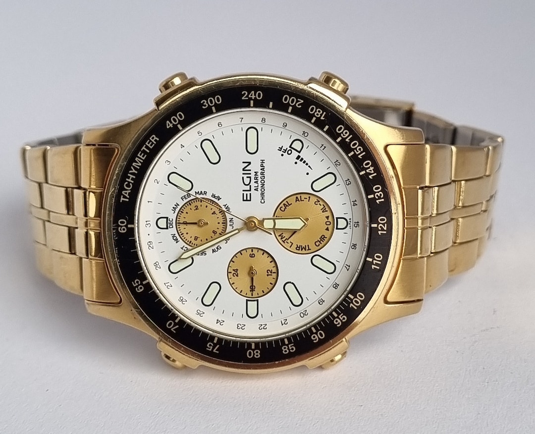 Rare 1993 ELGIN FH132-007 Alarm Chronograph Gold Tone Men's Quartz ...