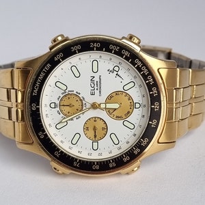Rare 1993 ELGIN FH132-007 Alarm Chronograph Gold Tone Men's Quartz ...