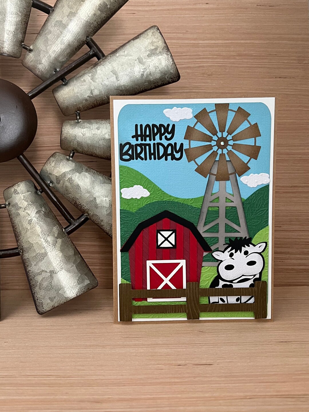 Happy Birthday Farm Animal, Barn and Windmill Greeting Card - Handmade ...