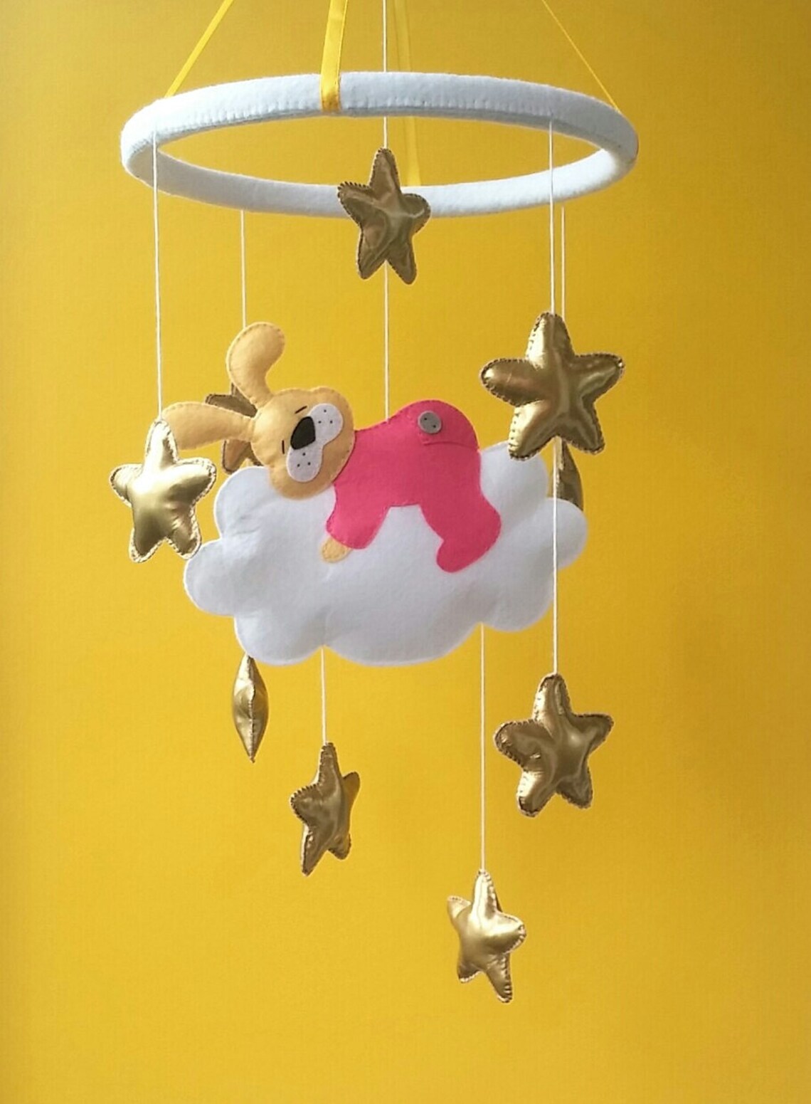 Pink Girl Nursery Baby Mobile Sleeping Bunny Clouds Stars Baby Crib ...